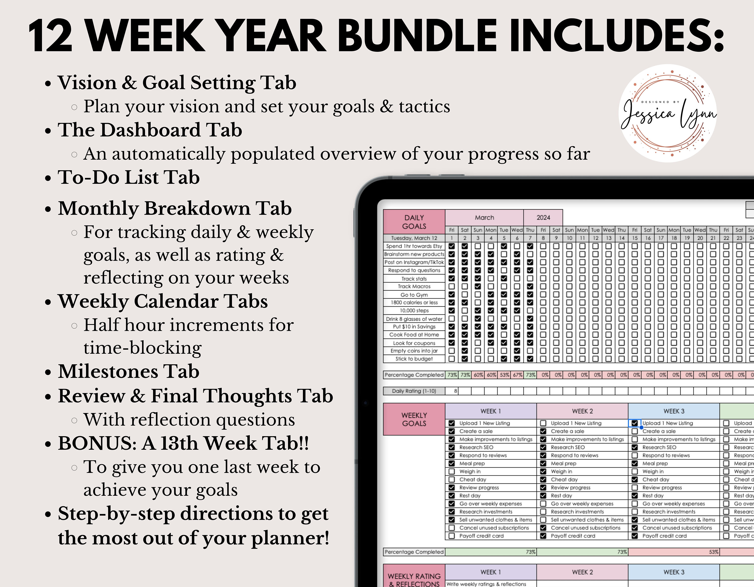 12 Week Year Goal Planner Spreadsheet Google Sheets Quarterly Goal ...