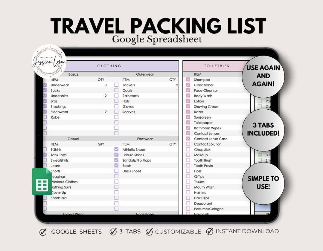 Editable Travel Packing List Spreadsheet | Travel List | Packing ...