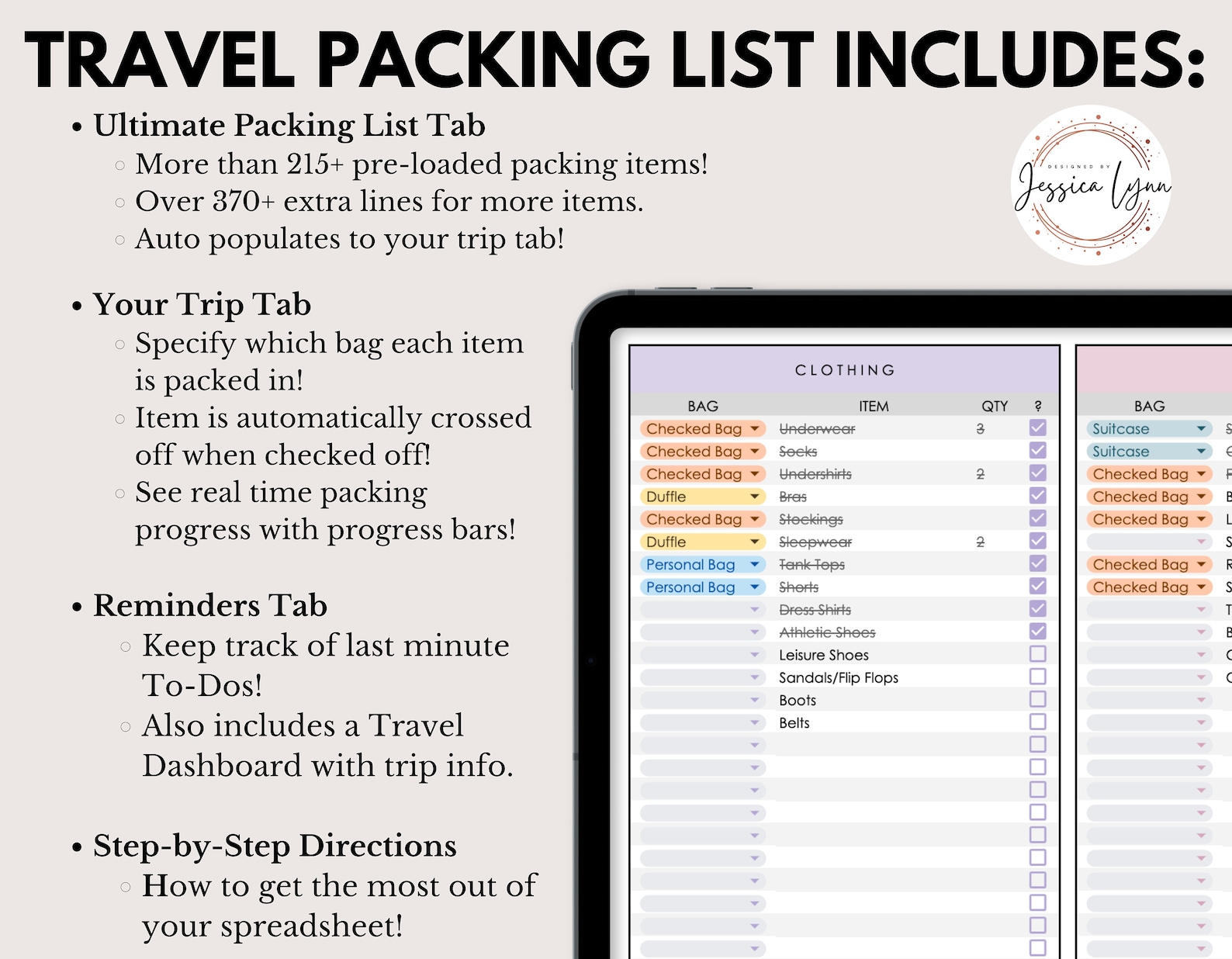 Editable Travel Packing List Spreadsheet Travel List Packing Checklist ...