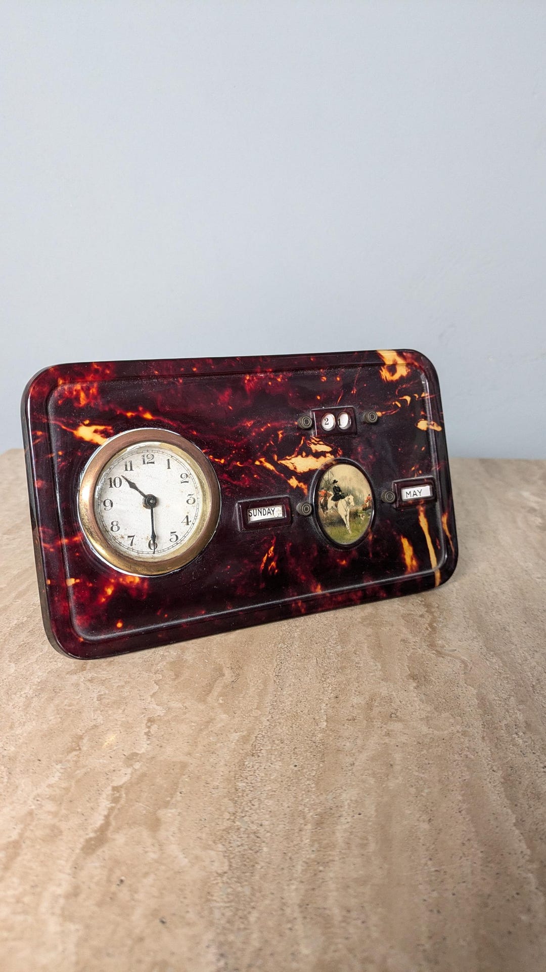Bakelite Table Calendar Table Clock Miniature Painting Art Deco Antique ...