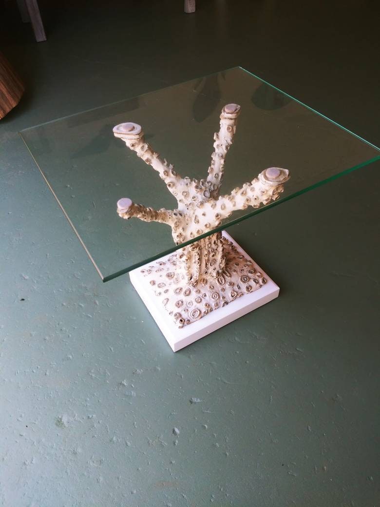 Wood Carved Coral End Table With Glass Top - Etsy
