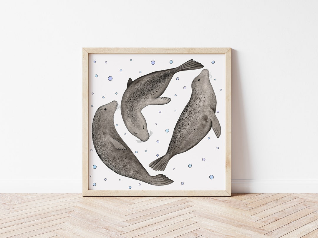 Illustrated Coastal Grey Seal Art Print | Sea Life Nursery | Nautical ...