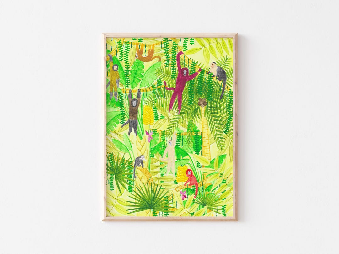 Monkeys in the Treetops, Jungle Print, Rainforest Animal Art, Botanical ...