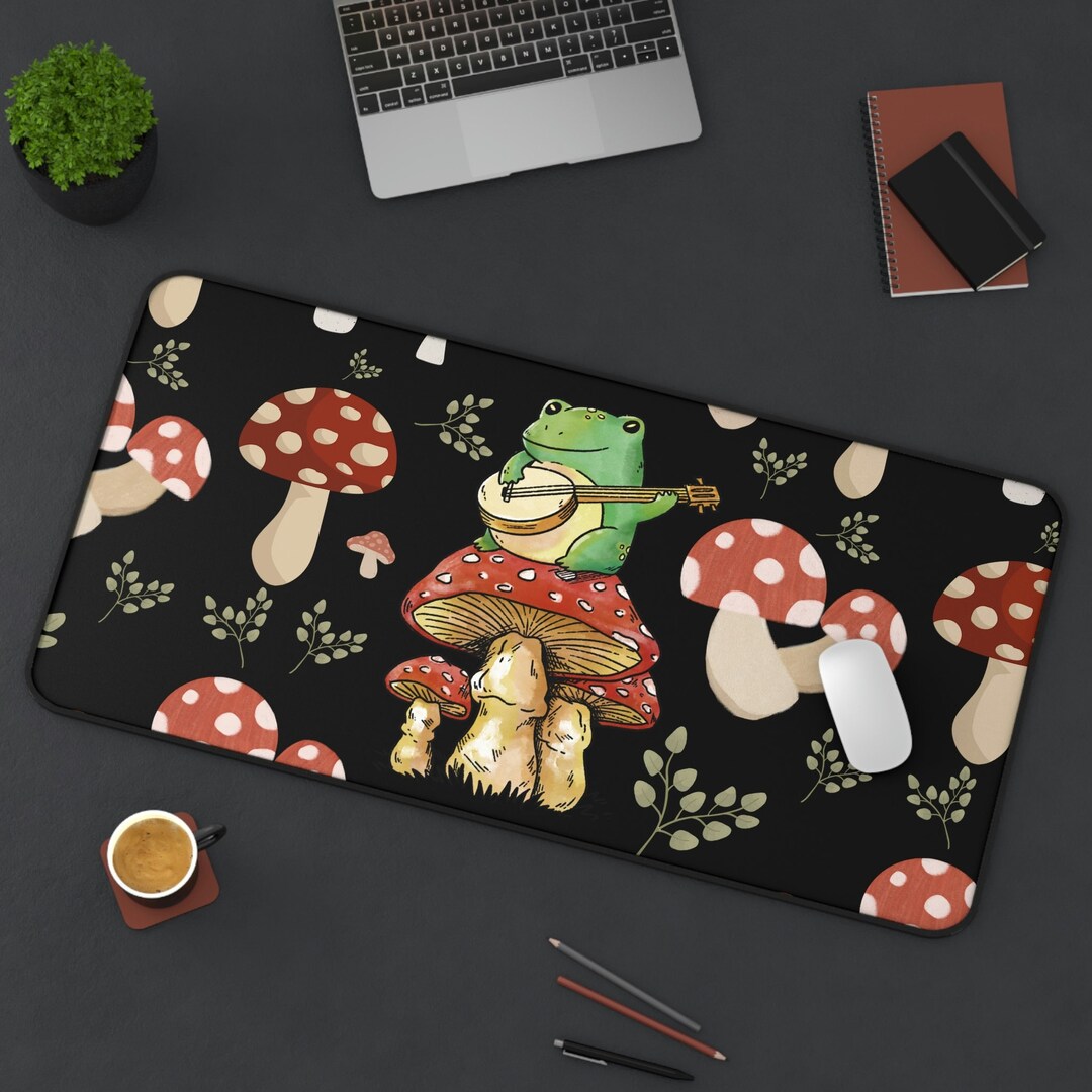 Cottagecore Frog Desk Mat, Cute Frog Playing Guitar Desk Mat, Mushroom ...