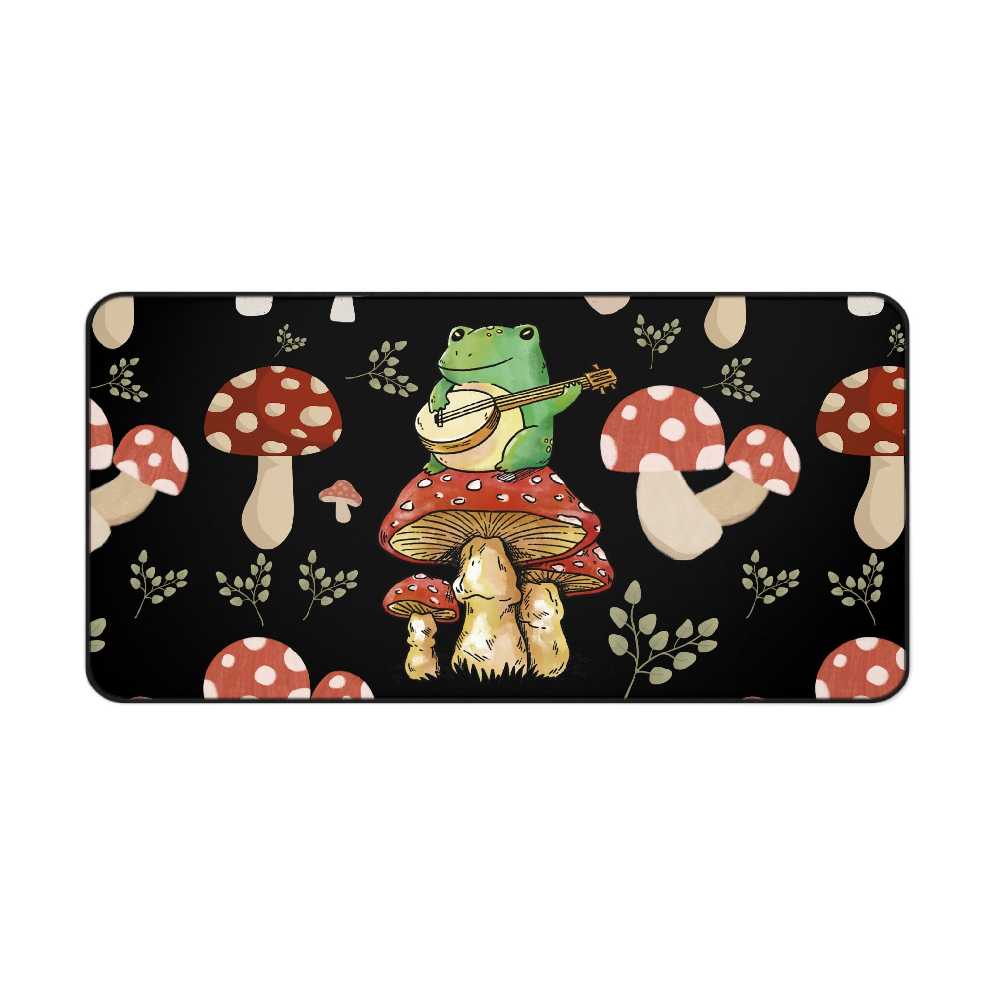 Cottagecore Frog Desk Mat, Cute Frog Playing Guitar Desk Mat, Mushroom ...