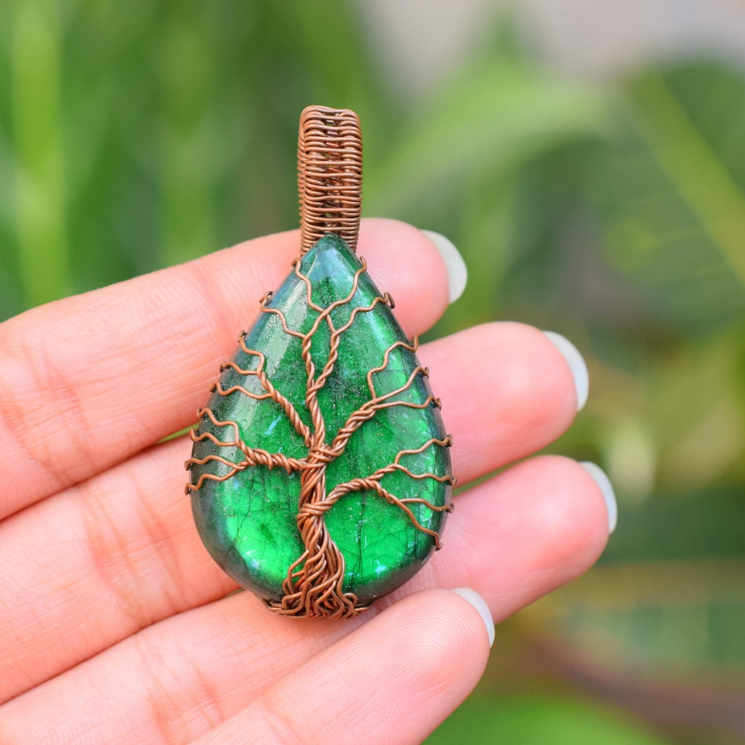 Handmade Natural Green Labradorite Tree of Life Pendant, Green Wire ...