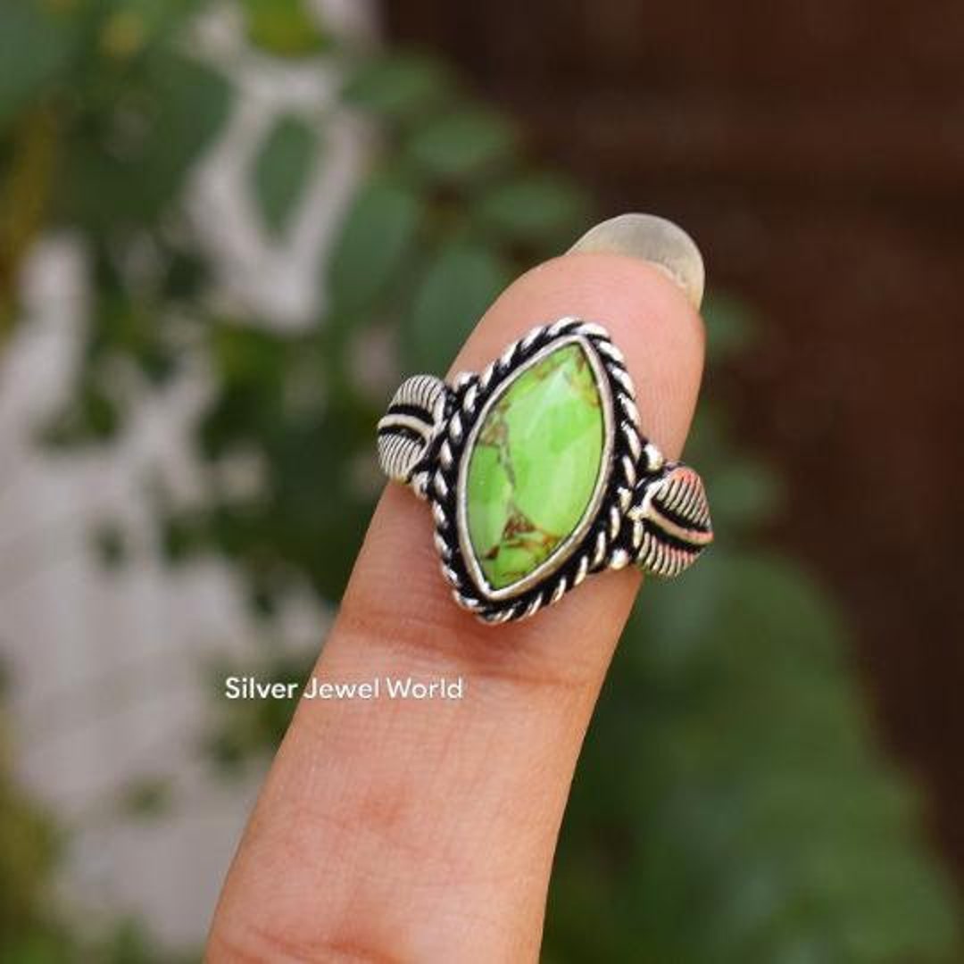 Elegant Green Copper Turquoise Leaf Ring, Gemstone Ring, Green ...