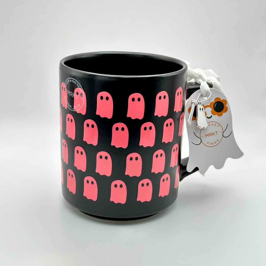 OOO Ships Jan 8 Ghosts Pattern Mug by Mrkt Finds 16oz Coffee Mug Neon Pink & Black Halloween Mug ...