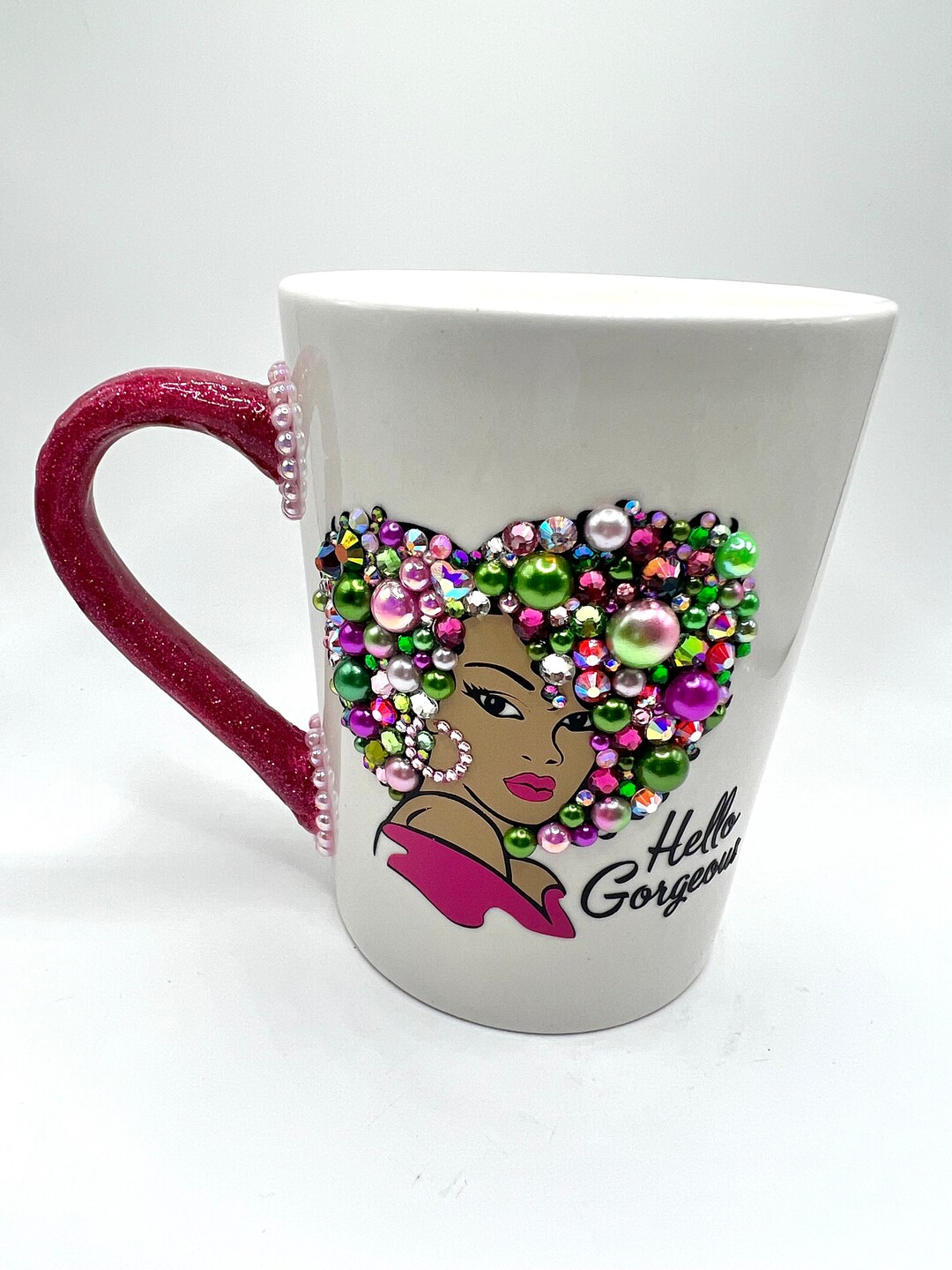 Hello Gorgeous African American Glitter Handle Coffee Mug, Personalized ...