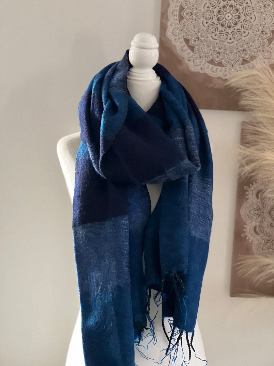 Blue AND NAVY Yak Wool TIBET Scarf, Himalayan Hand Loomed Shawl, Large ...