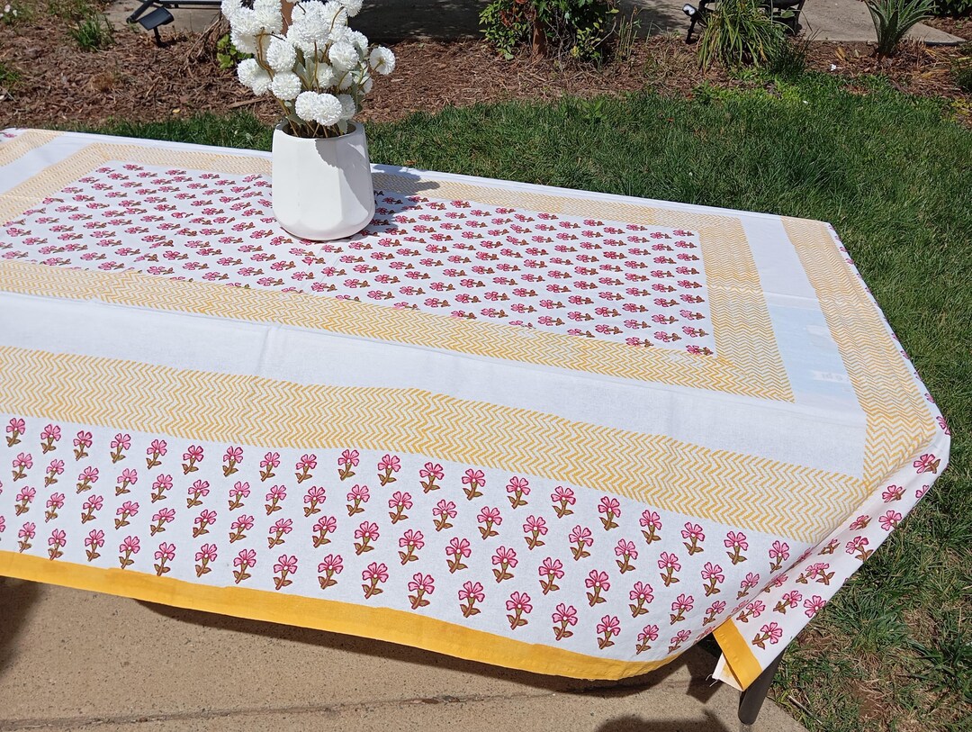 Yellow Floral Block Print Cotton Tablecloth - 60x90 Inches - Etsy
