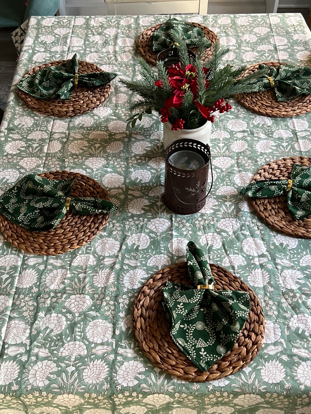 Sage Green Floral Indian Blockprint Table Cloth for Dining Table ...