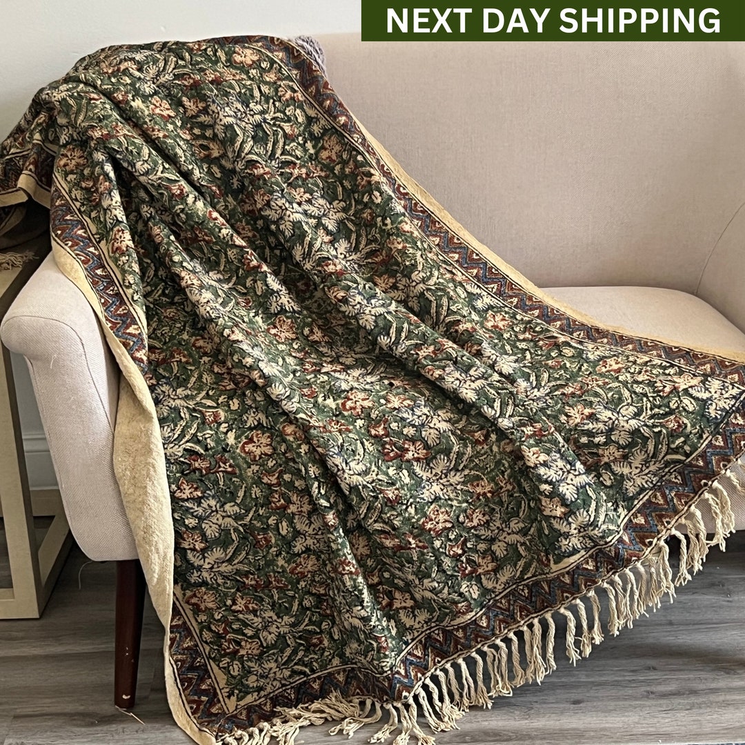 Vintage Green Floral Throw Blanketboho Blanket Home - Etsy