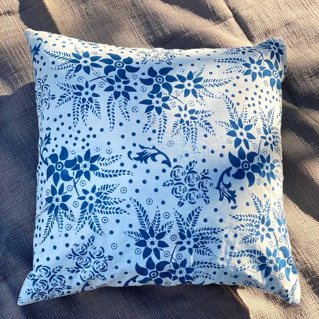 Indian Block Print , Throw Pillow Case, Floral Cushion Covers, Blue and ...