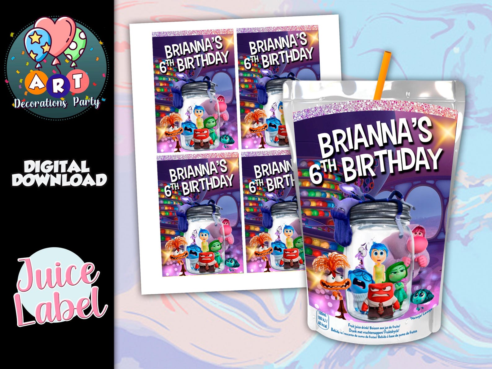 Inside Out Juice Label Printable Juice Pouch Inside Out Birthday Party ...