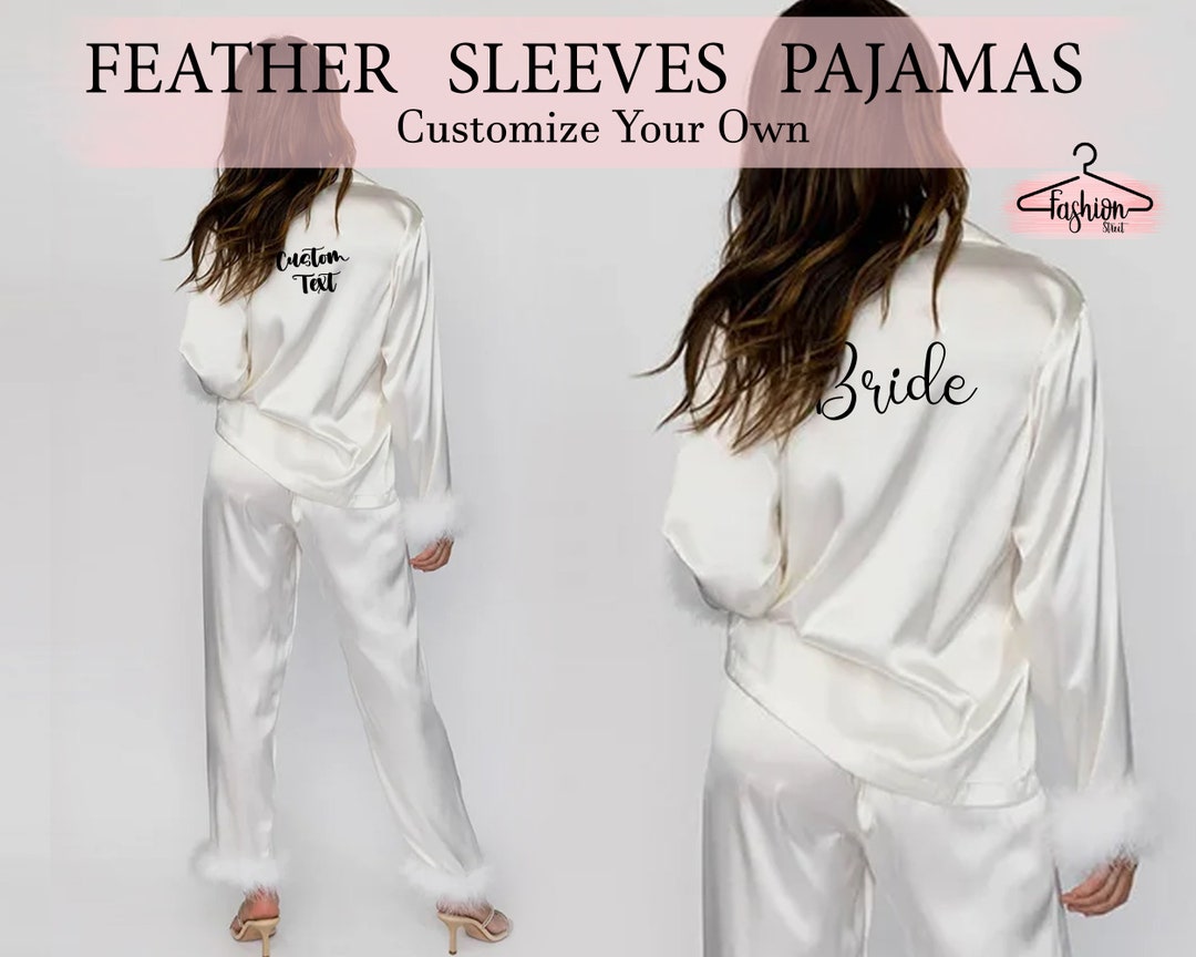 Feather Pajama Set Satin Long Pajamas White Feather Pajamas Bride ...