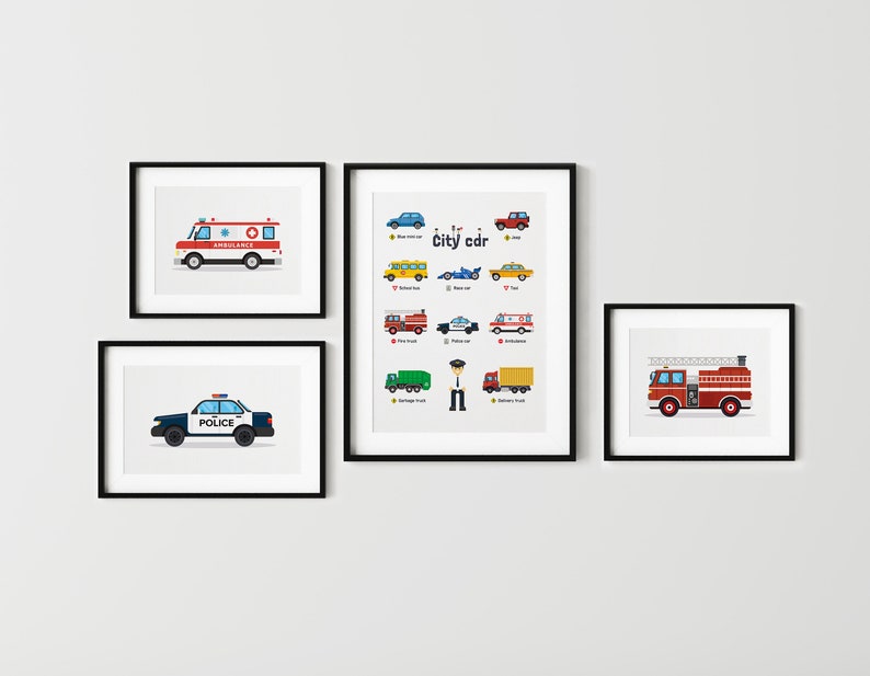 Emergency Vehicle Prints Set: Fire Engine, Police Car, Ambulance ...