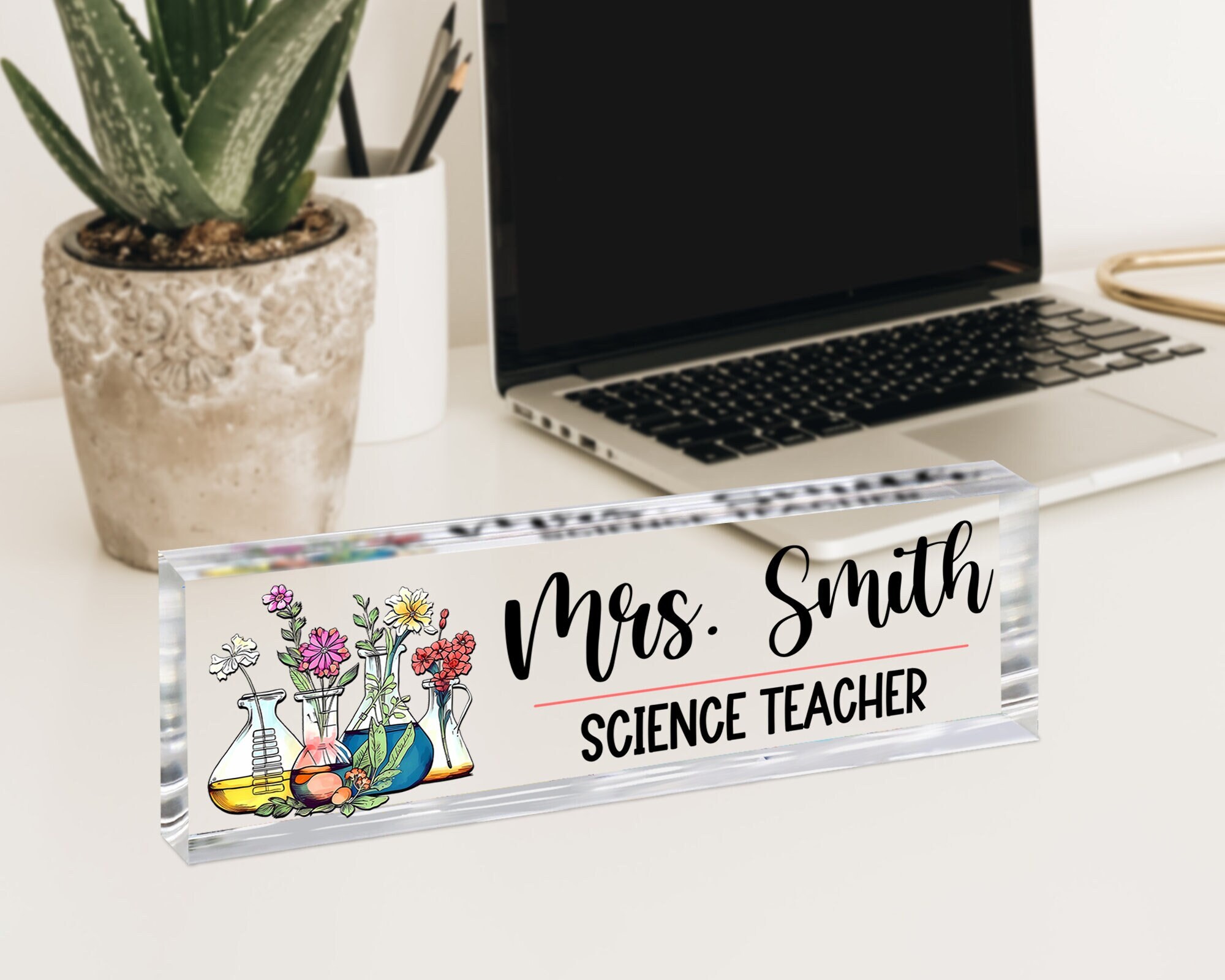 Science Teacher Gift, Personalized Teacher Desk Name Plate, Floral ...