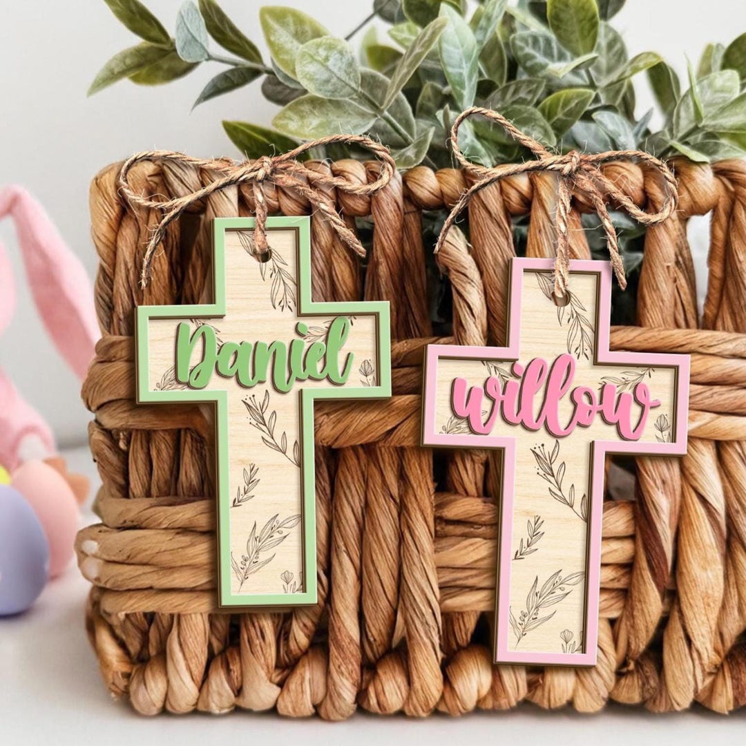 Personalized Cross Easter Basket Tag, Wooden Christian Easter Basket ...