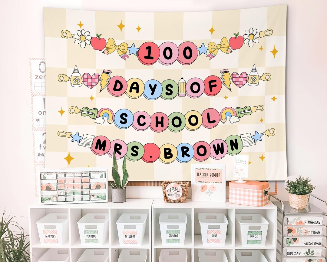 100 Days of School Bulletin Board Decor, Custom Teacher Name Tapestry ...