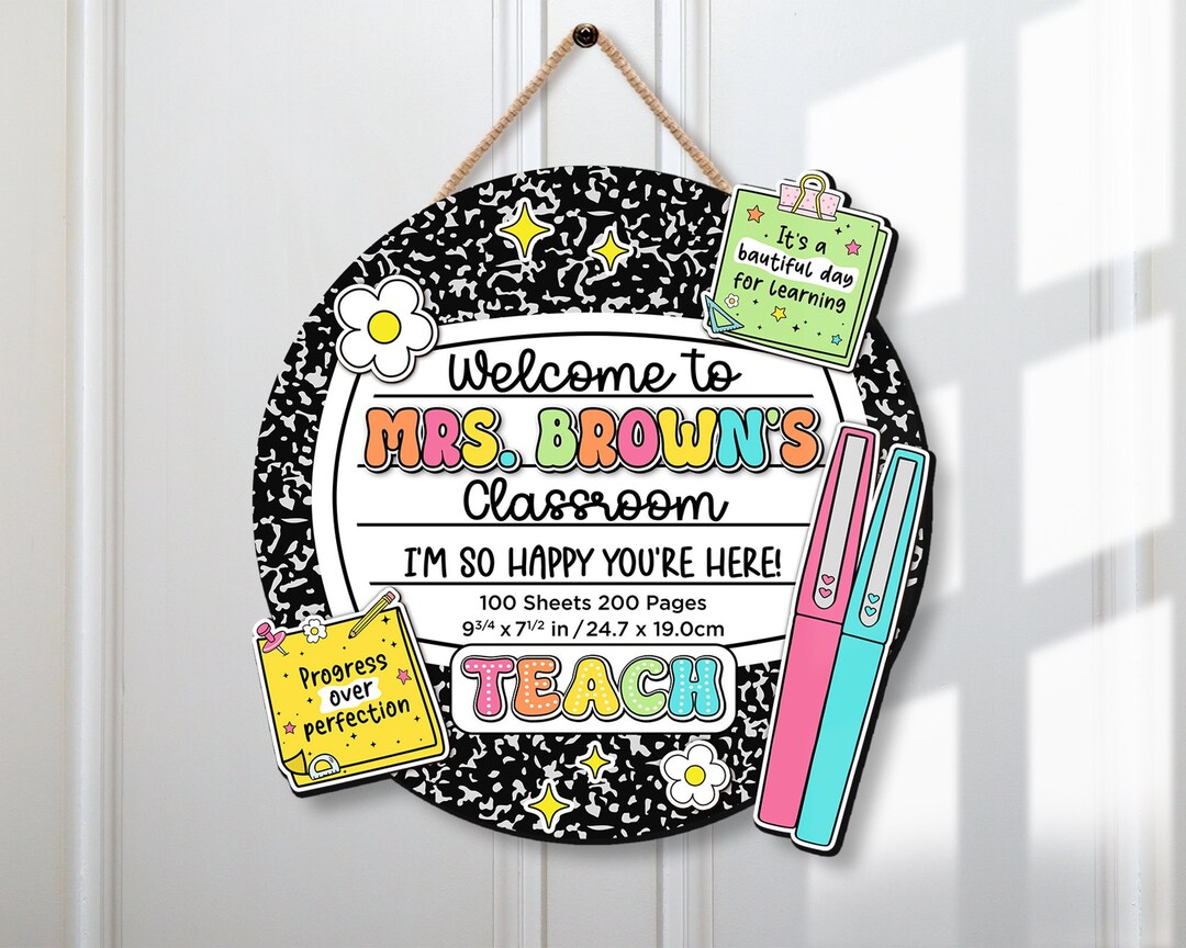 Personalized Teacher Door Sign, Composition Notebook Door Sign, Groovy ...