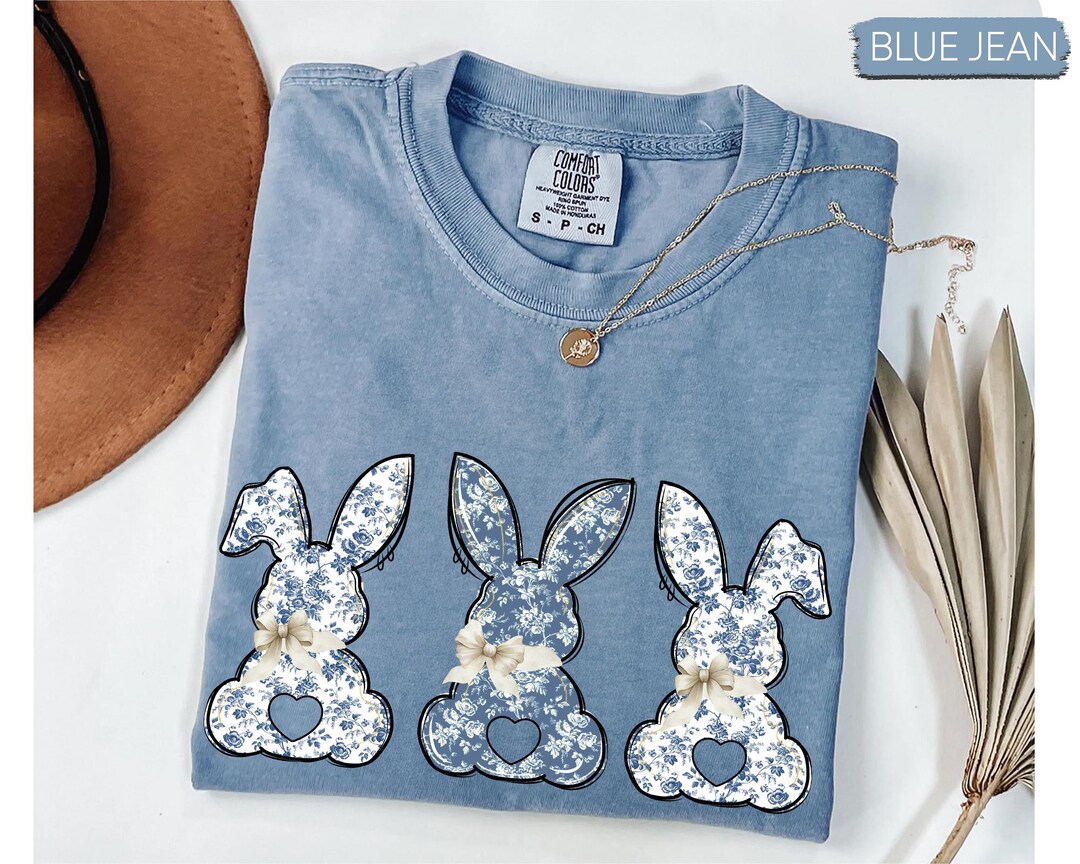 Easter Bunny Shirt, Blue Floral Easter Bunny Shirt, Chinoiserie Bunny ...