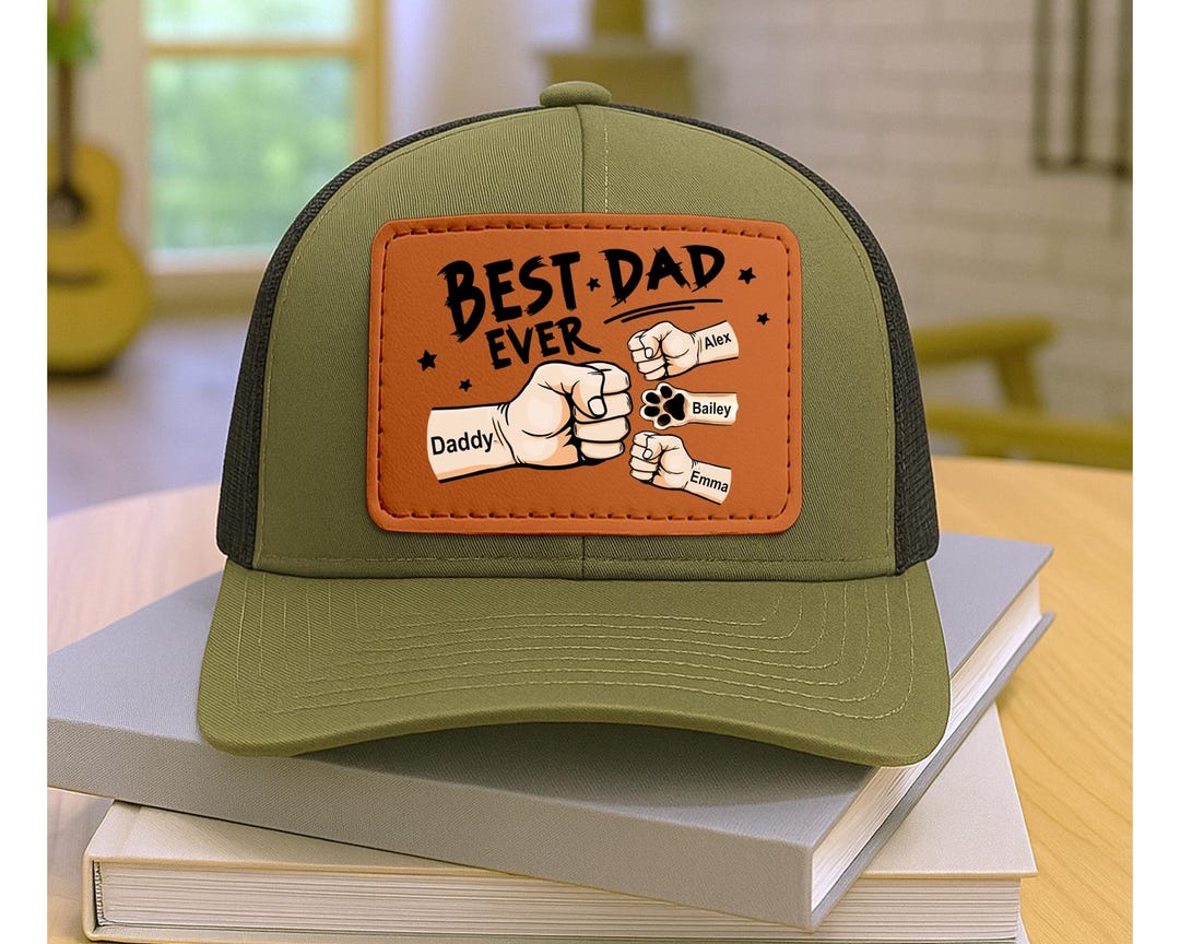 Personalized Leather Patch Trucker Hat, Dad & Kids Fist Bump Hat ...