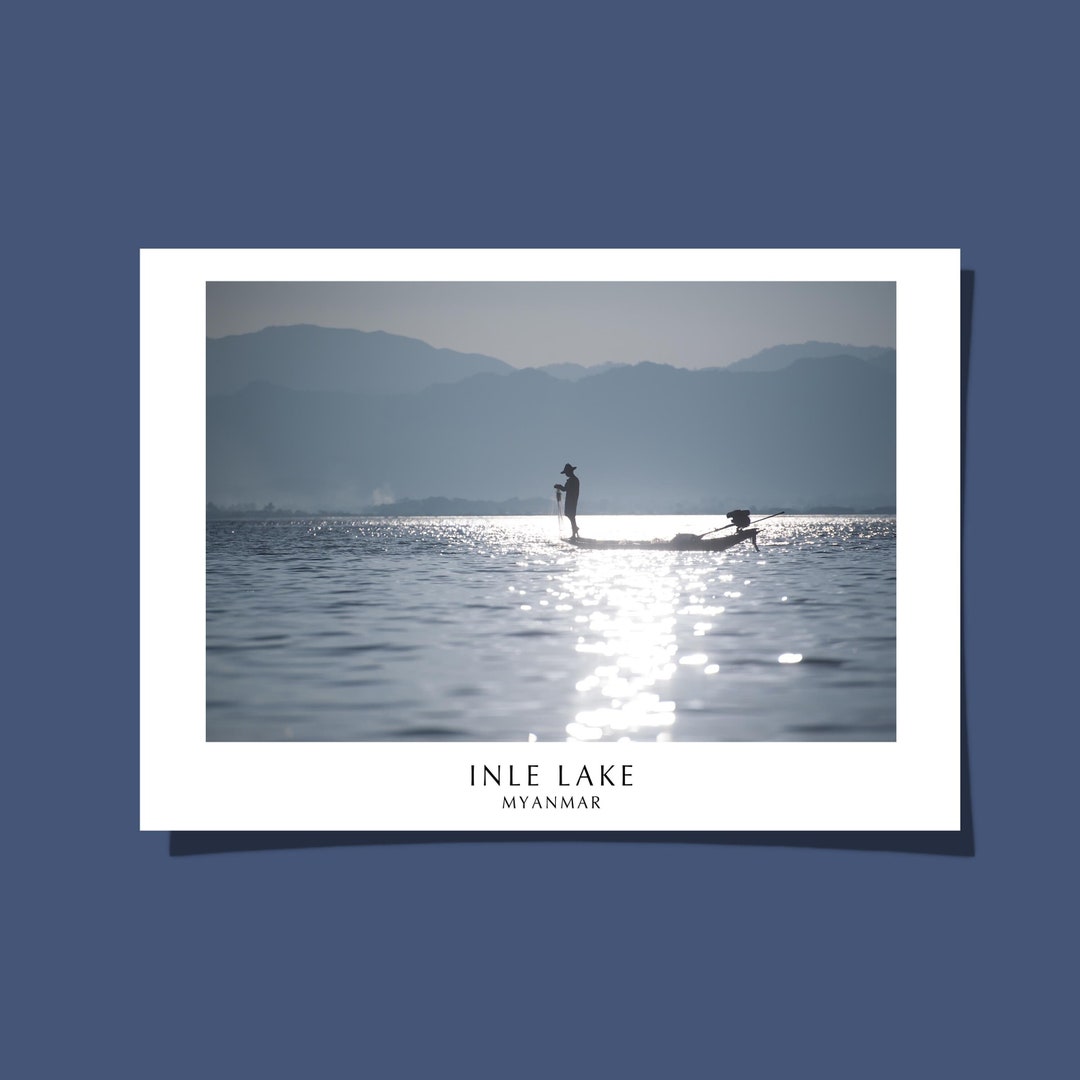 Myanmar Poster/postcard Burma Landscape Inle Lake Boat People Fishing ...
