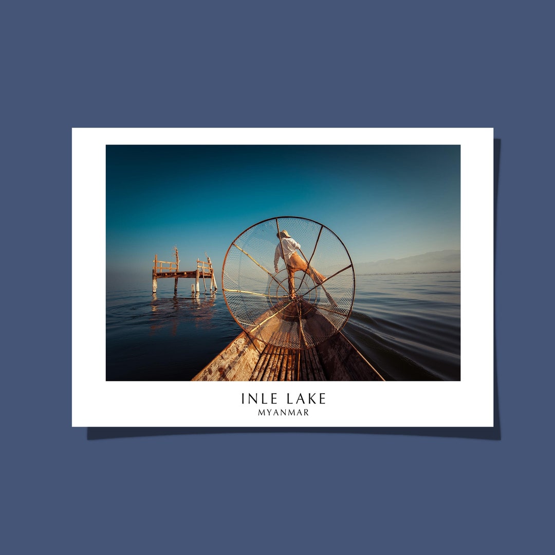 Myanmar Poster/postcard Burma Landscape Inle Lake Boat People Fishing ...