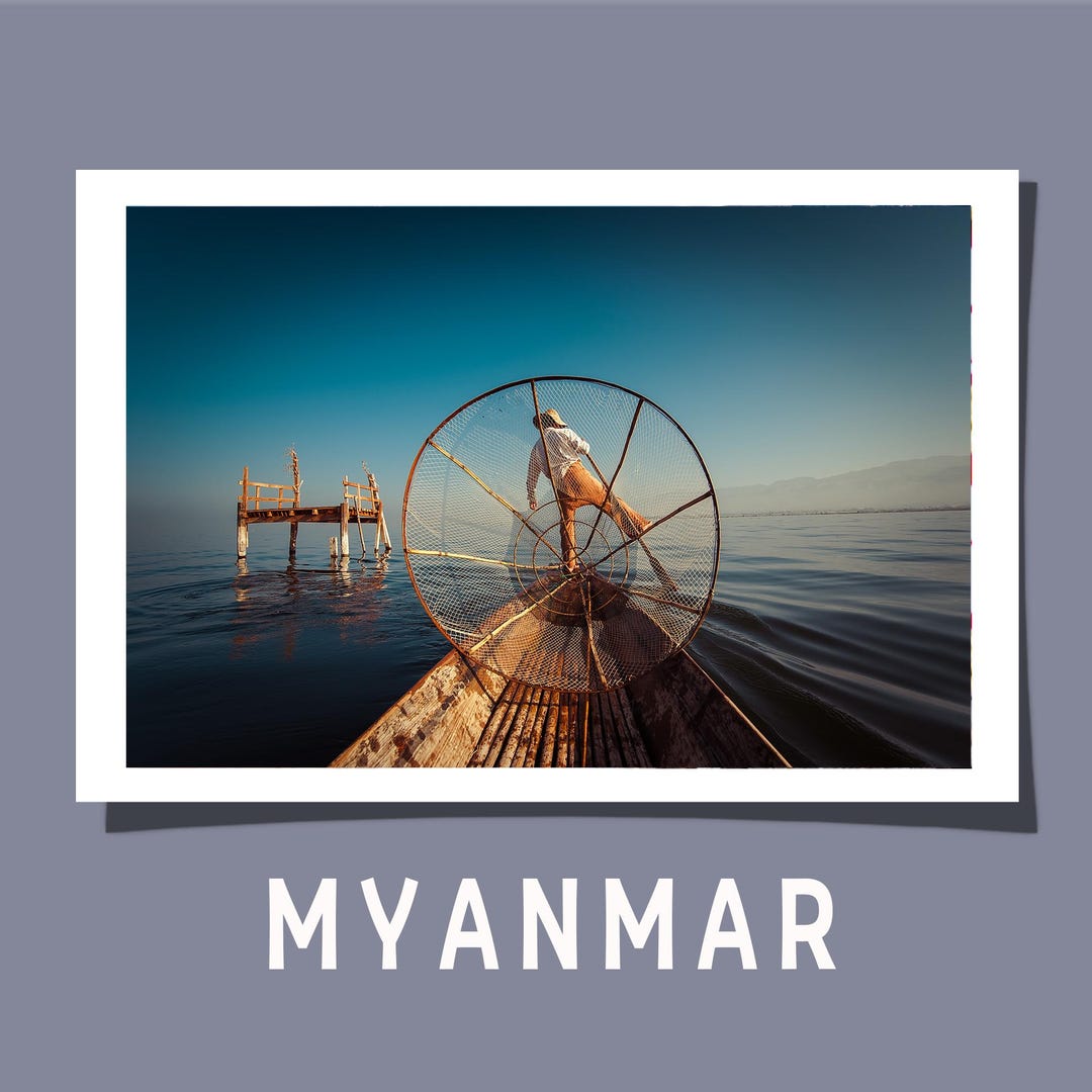 Myanmar Poster/postcard Burma Landscape Inle Lake Boat People Fishing ...