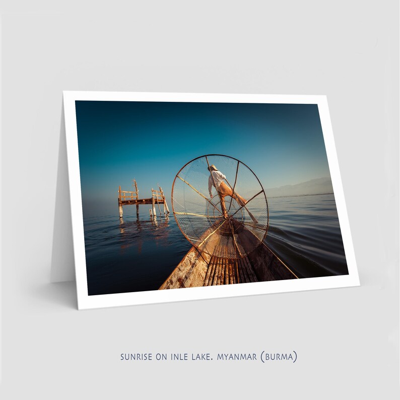 Myanmar Poster/postcard Burma Landscape Inle Lake Boat People Fishing ...