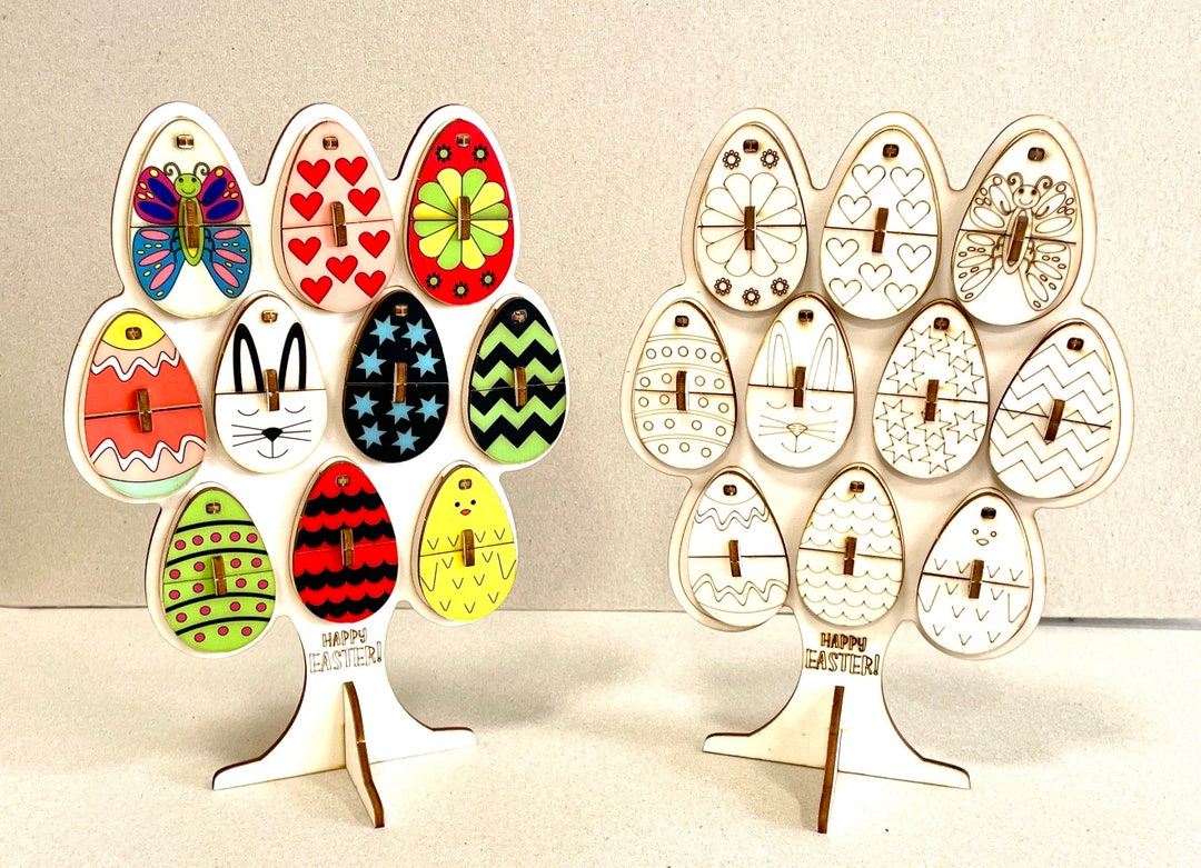 Set of 2 Easter Egg Trees Colored & DIY Non-toxic 3D Wooden Puzzles ...