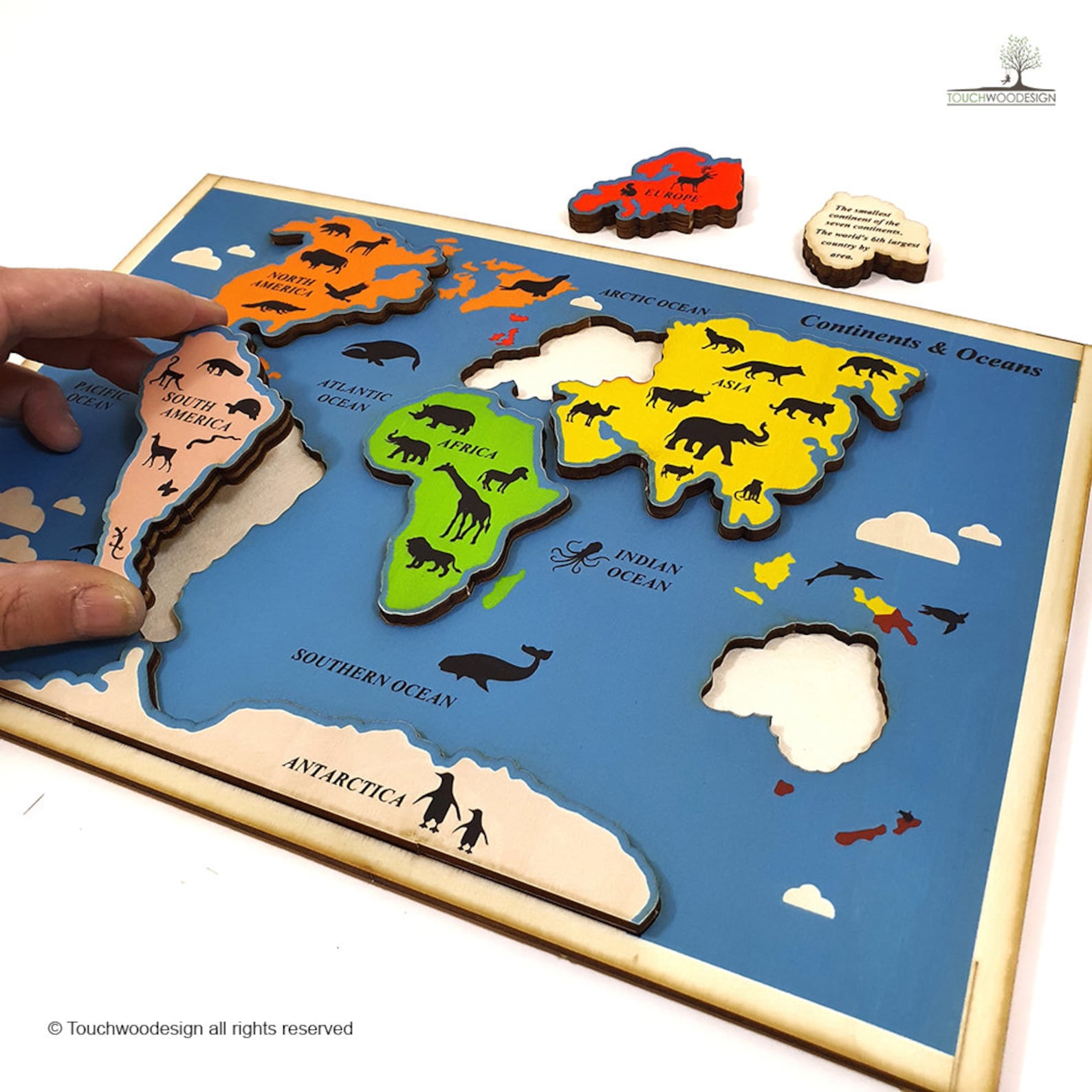 Continents & Oceans Wooden Educational Puzzle Montessori Toys Laser Art ...