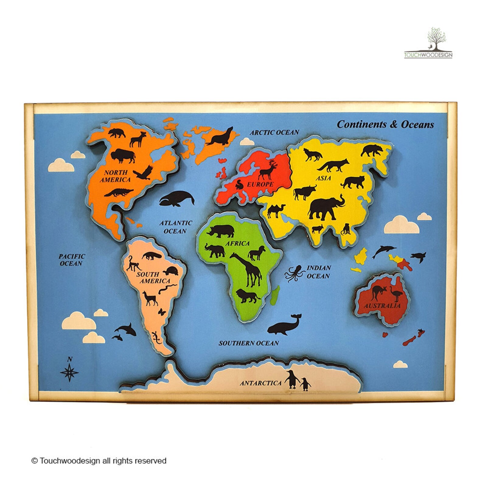 Continents & Oceans Wooden Educational Puzzle Montessori Toys Laser Art ...