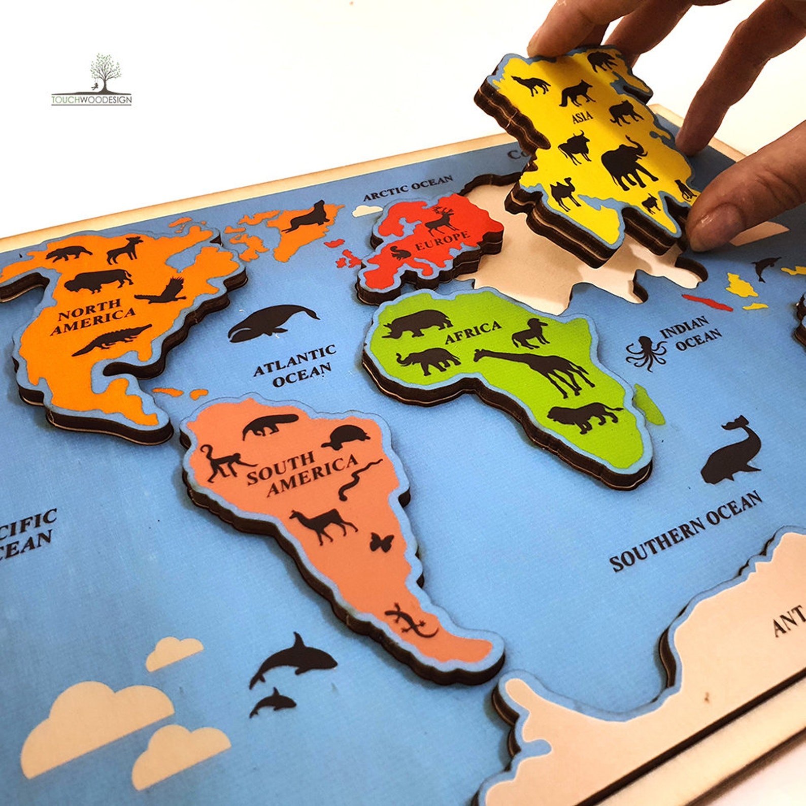 Continents & Oceans Wooden Educational Puzzle Montessori Toys Laser Art ...