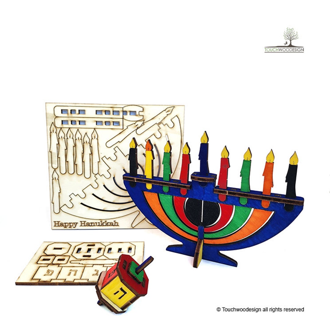 Hanuka Gift Set Hanukiah & 2 Small Dreidels DIY 3D Wooden Puzzles Model ...