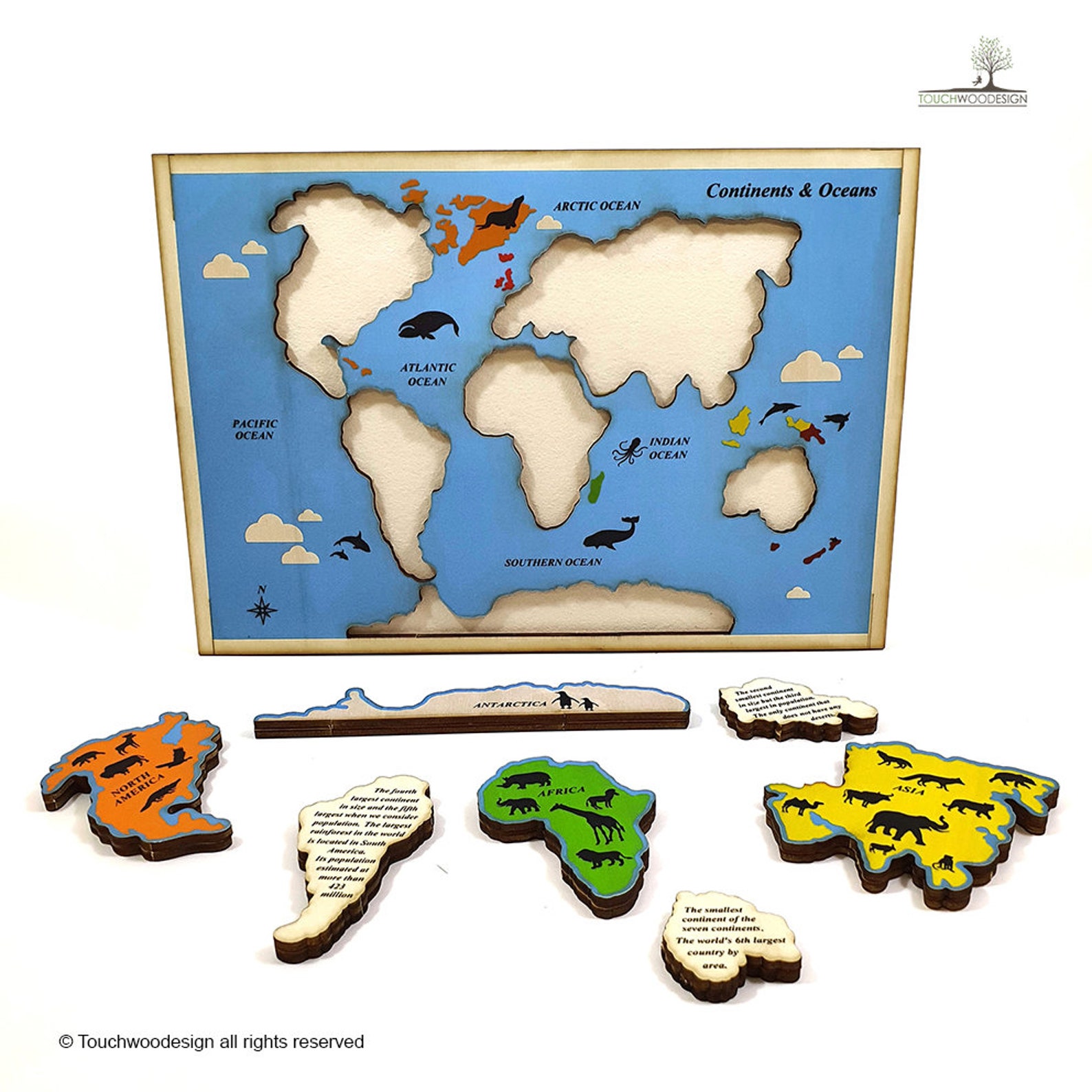 Continents & Oceans Wooden Educational Puzzle Montessori Toys Laser Art ...