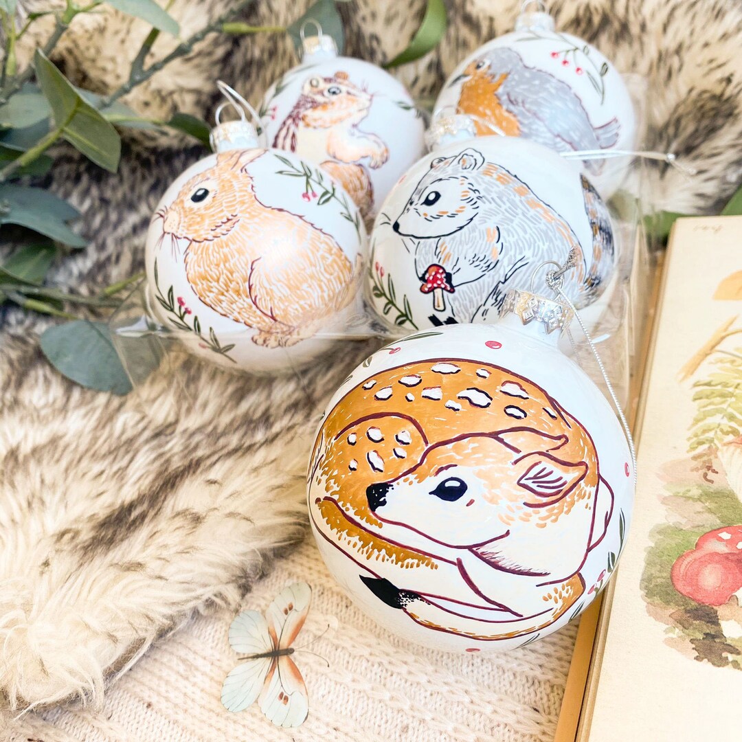 Hand Painted Glass Bauble, Christmas Decor, Forest Animals Decoration ...