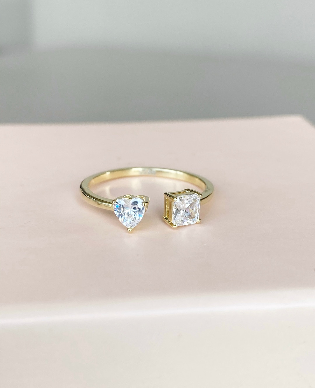 Double Stone Ring Dual Ring 2 Stone Ring Open Ring Square Diamond Ring ...