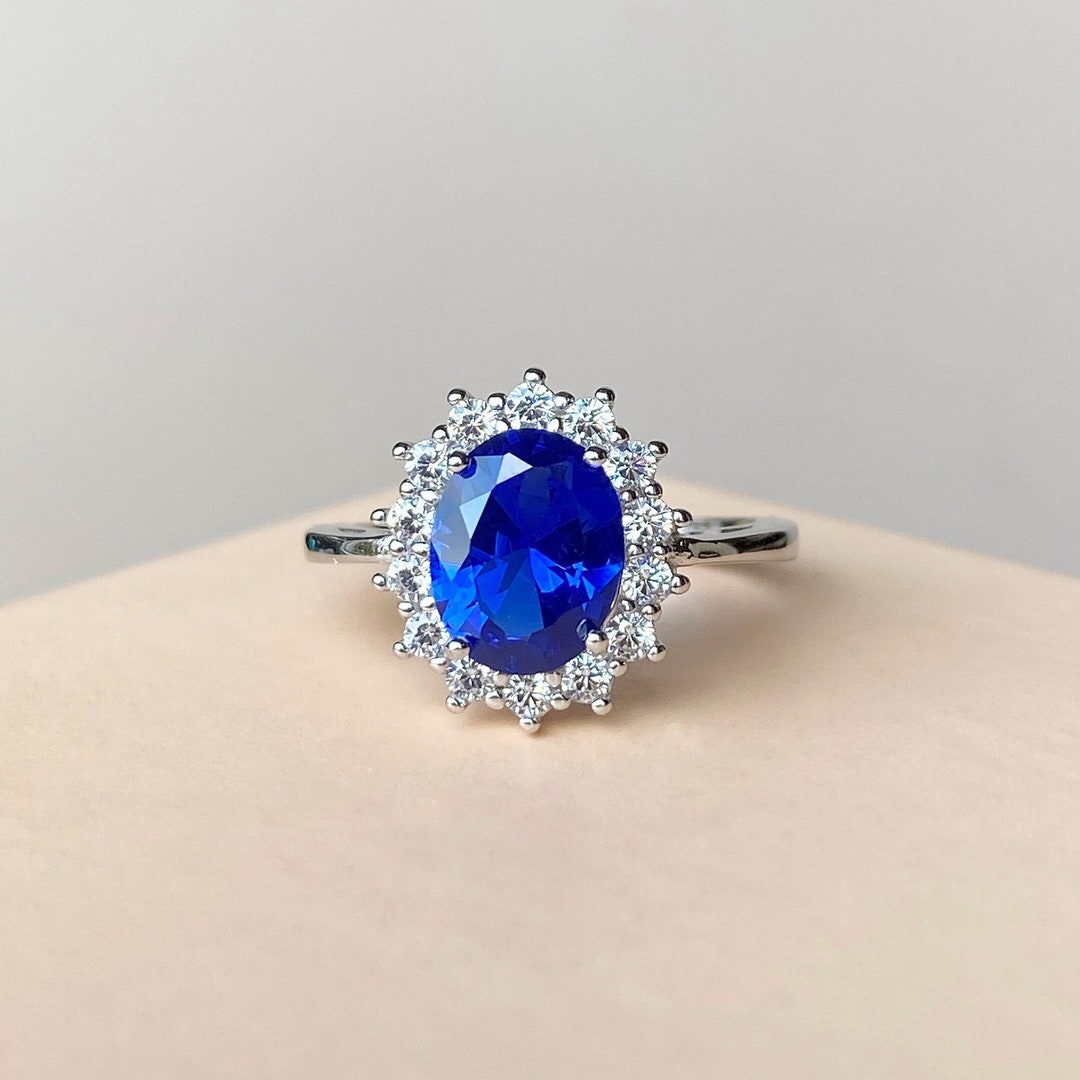 Royal Blue Sapphire Ring Oval Ring Engagement Ring Halo Ring Cocktail ...
