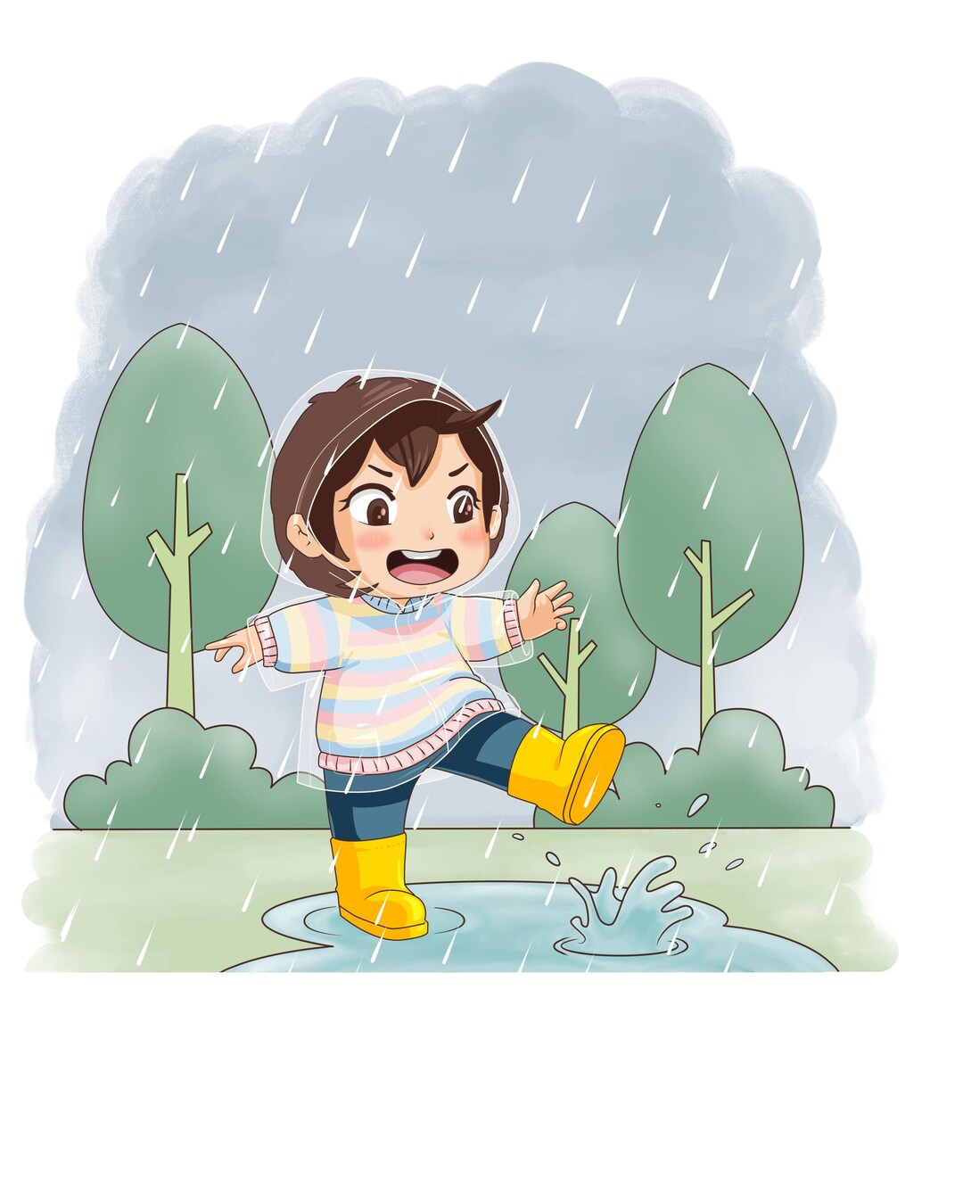 Cute Chibi Rainy Day PNG for Gifts, Kids Puddle Splashing Clipart, T ...