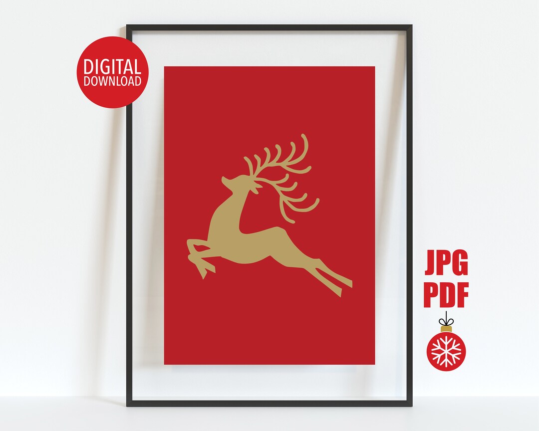 Red and Gold Reindeer Christmas Print, Holiday Wall Decor, Printable ...