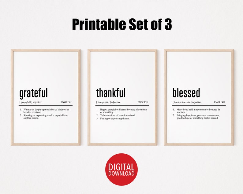 Grateful Thankful Blessed, Printable Wall Art, Set of 3, Thanksgiving ...