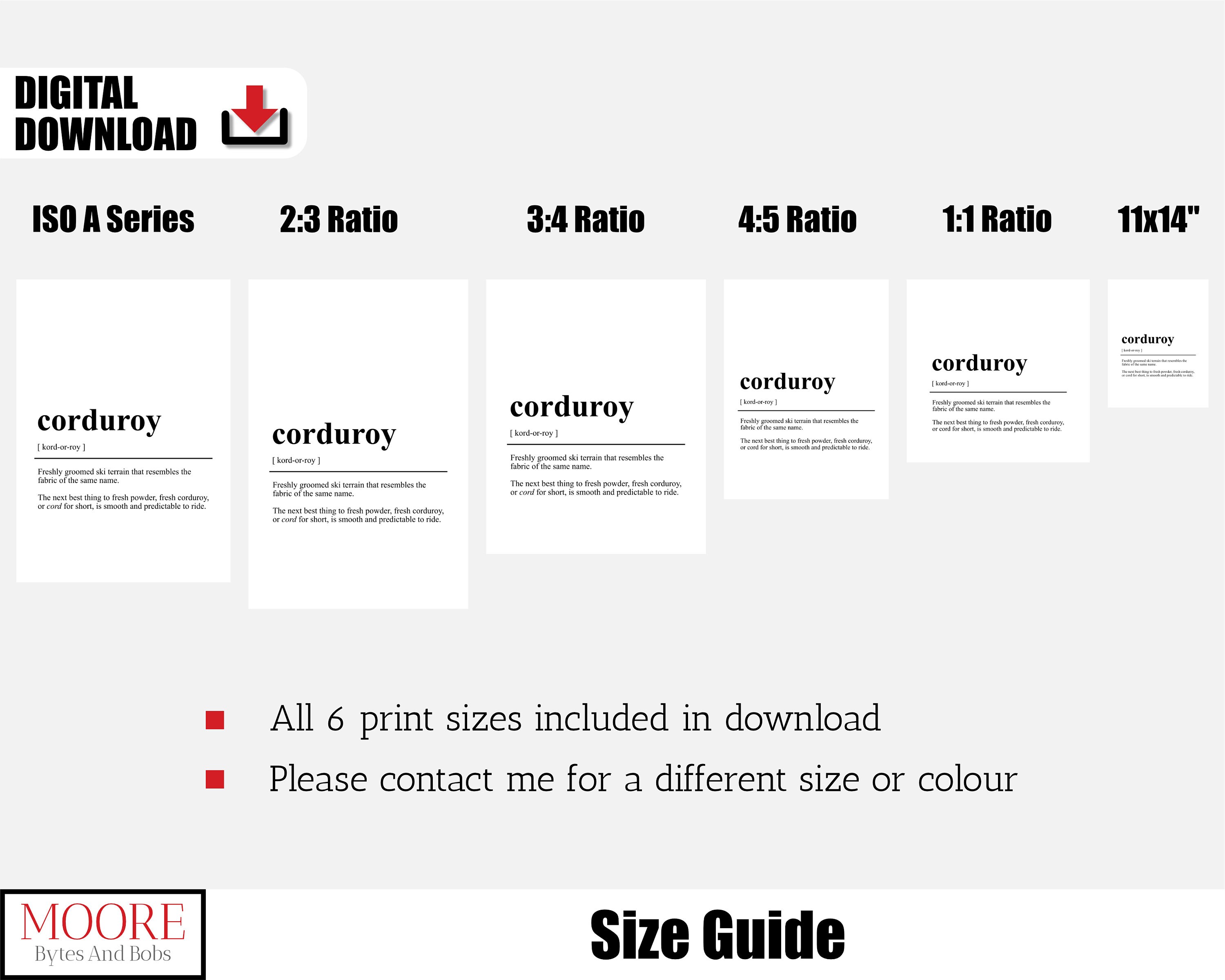 Definition Print, Ski Terminology Poster, Corduroy Snow Meaning, Ski ...