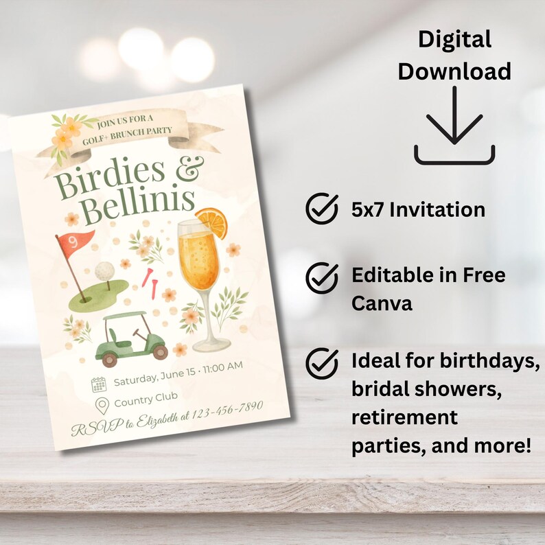 Editable Golf Brunch Invitation Template | Birdies and Bellinis ...