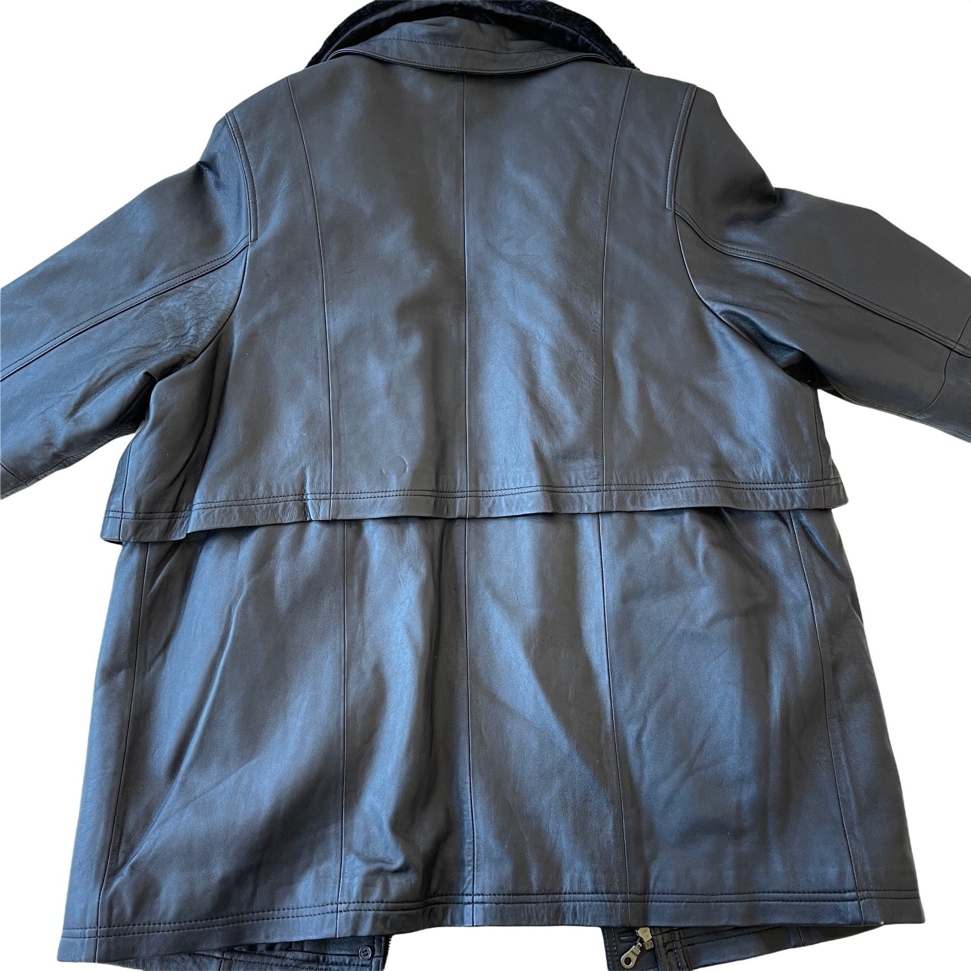 Komitor Black Leather Jacket Coat Removable Faux Fur Collar Heavy Duty ...