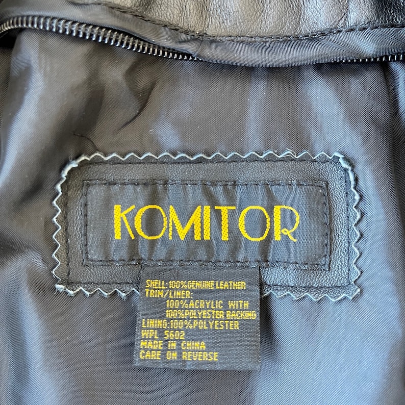 Komitor Black Leather Jacket Coat Removable Faux Fur Collar Heavy Duty ...