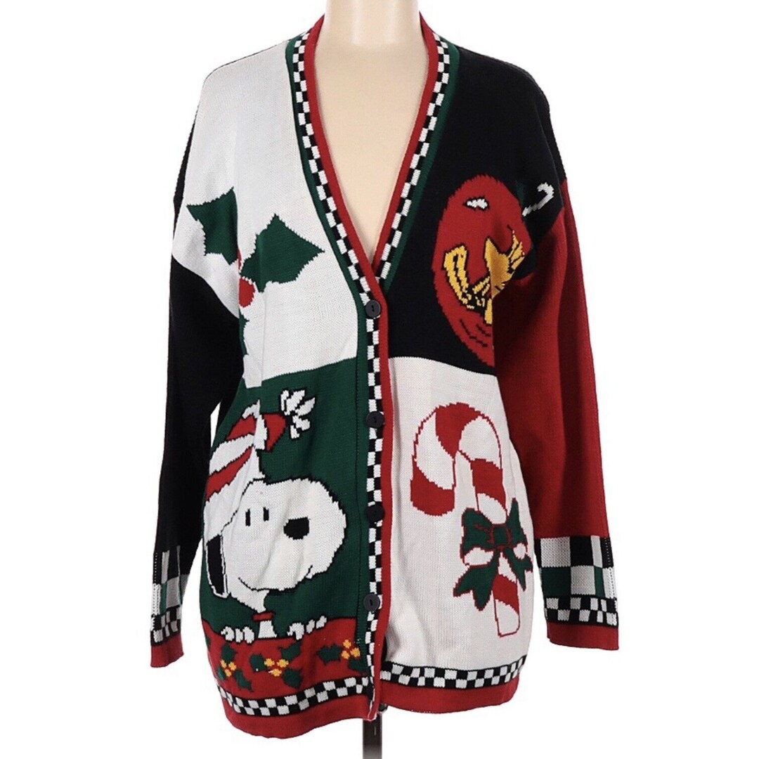 Snoopy and Friends Vintage Cardigan Grandpa Sweater Holiday Christmas ...