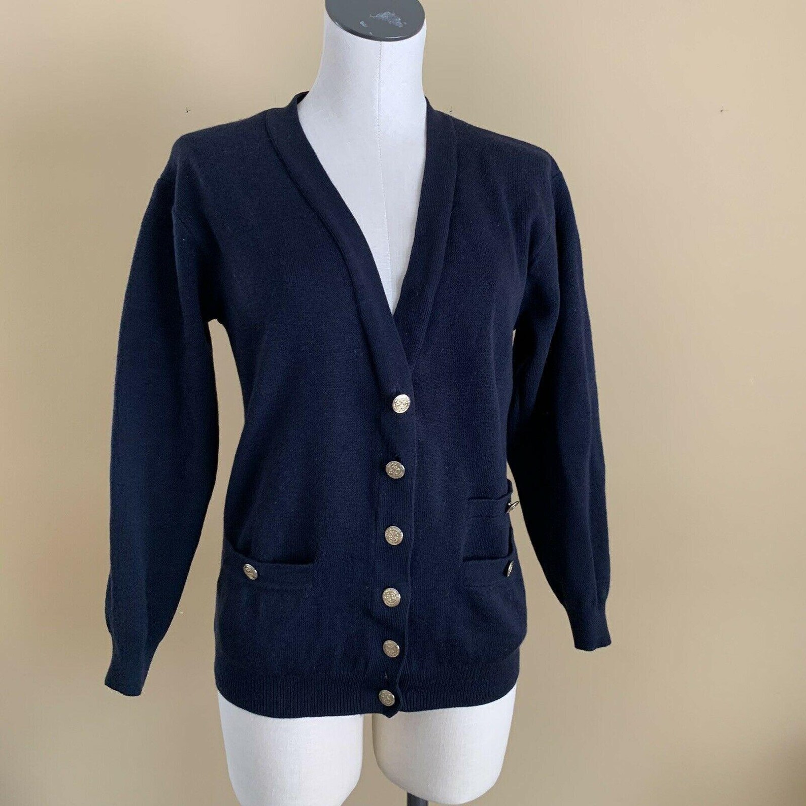 Talbots Cardigan Sweater Navy Blue Merino Wool Gold toned | Etsy