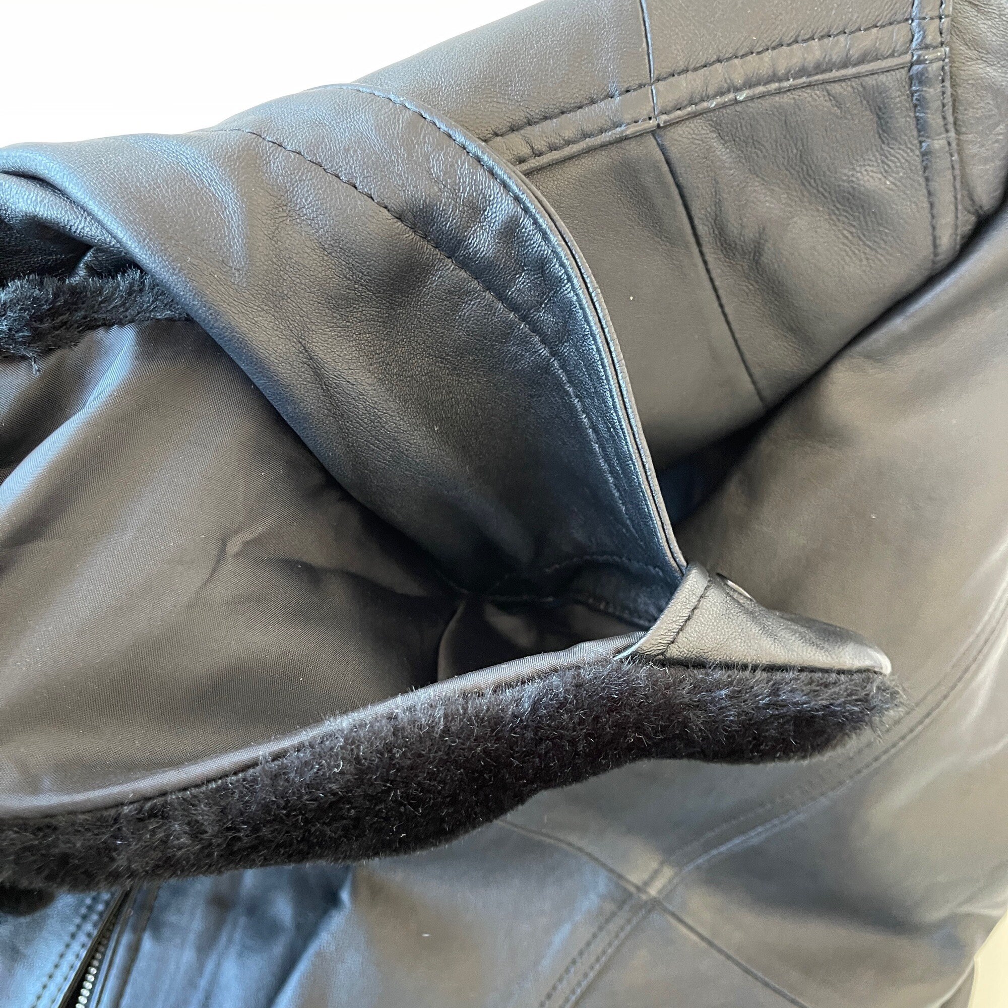 Komitor Black Leather Jacket Coat Removable Faux Fur Collar Heavy Duty ...